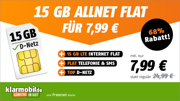 Aktion: Allnet-Flat mit 15 GB für 7,99 Euro im Vodafone-Netz : tarif4you.de